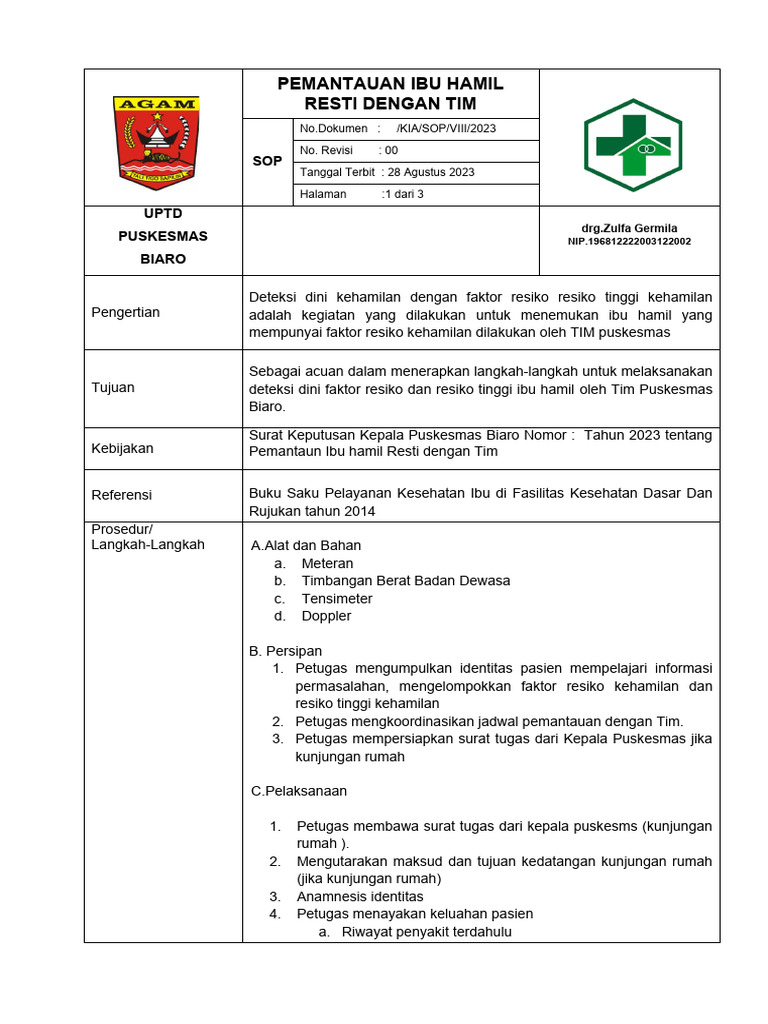 Sop Pemenatuan Bumil Resti Dengan Tim 2023 | PDF | Sains & Matematika