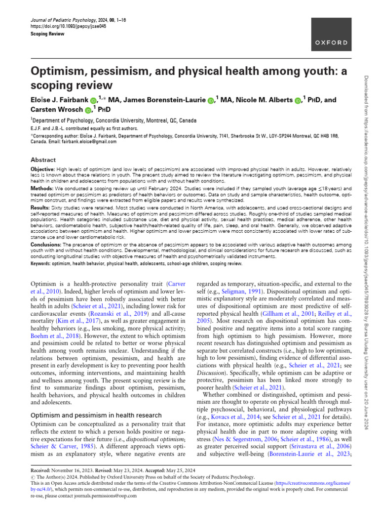 Optimism, Pessimism, and Physical Health Among Youth | PDF | Optimism | Clinical Medicine