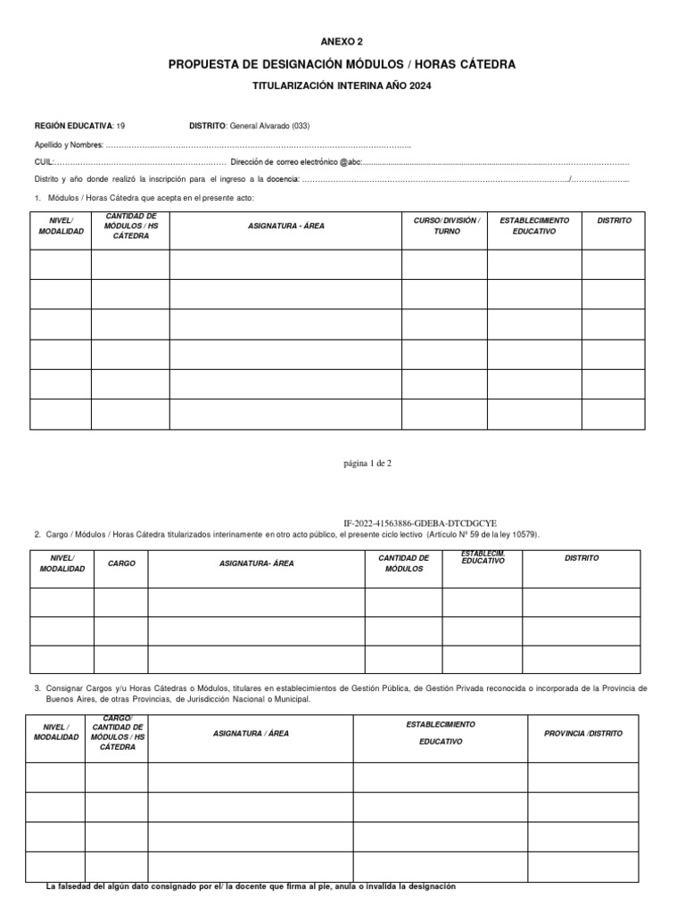Anexo 2 - Propuesta de Designación - Módulos-Horas Cátedra | PDF