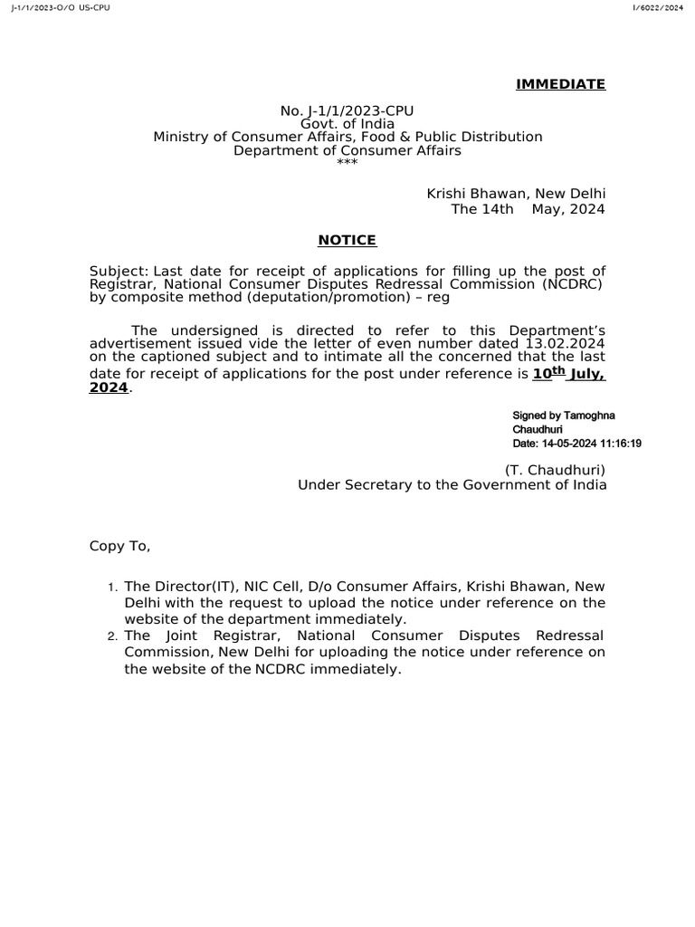Notice Regarding Filling Up The Post of Registrar, NCDRC | PDF ...