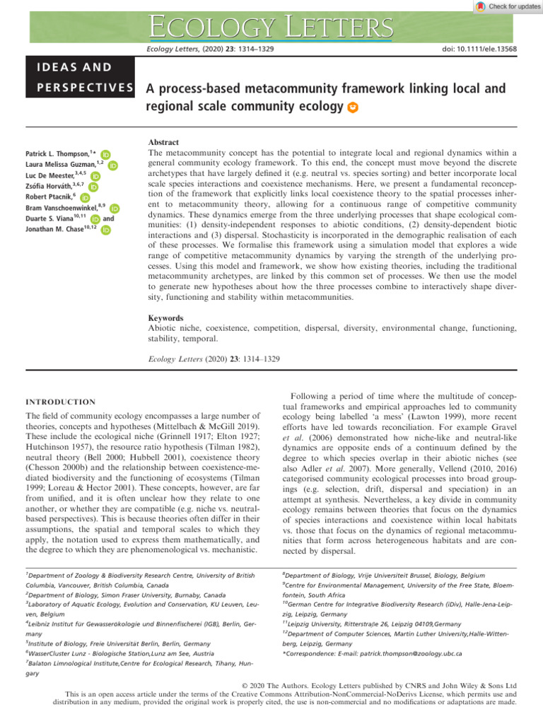 Ecology Letters - 2020 - Thompson - A Process Based Metacommunity Framework Linking Local and ...