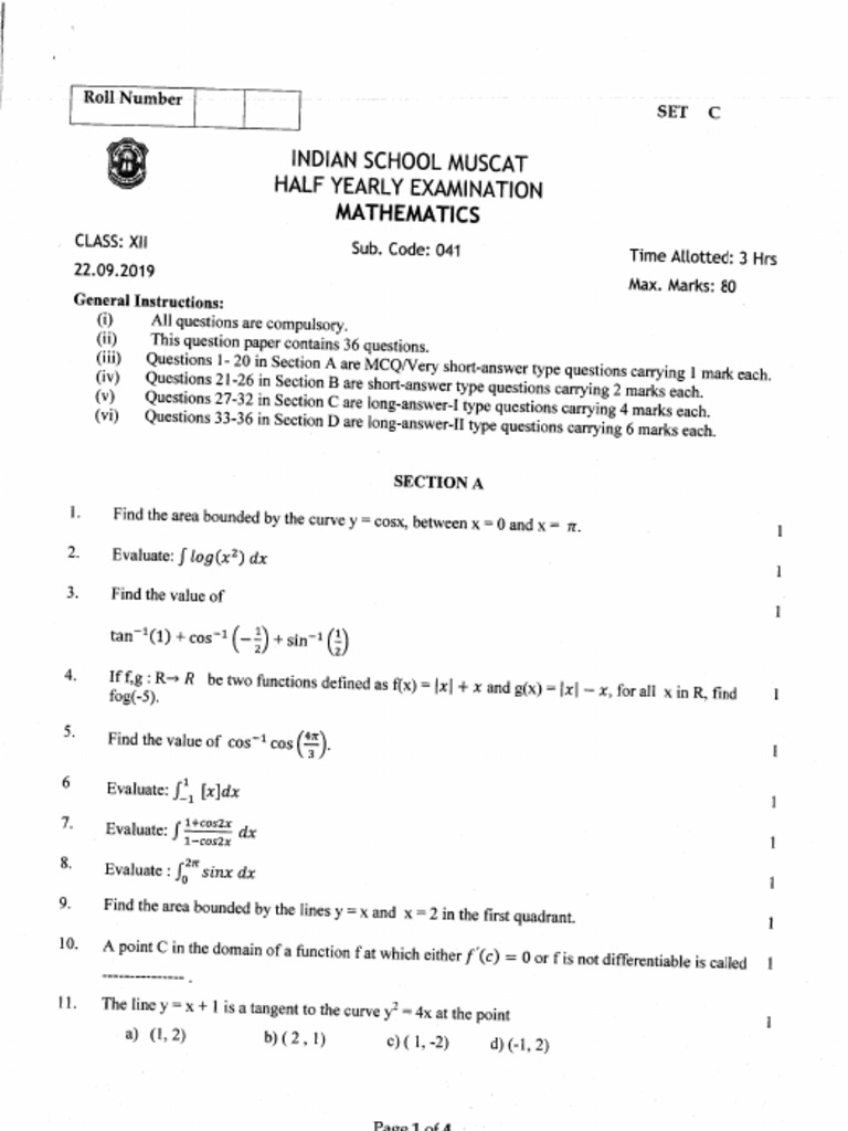 Class - Xii - Mathematics - Half Yearly Examination - QP - Set - C | PDF