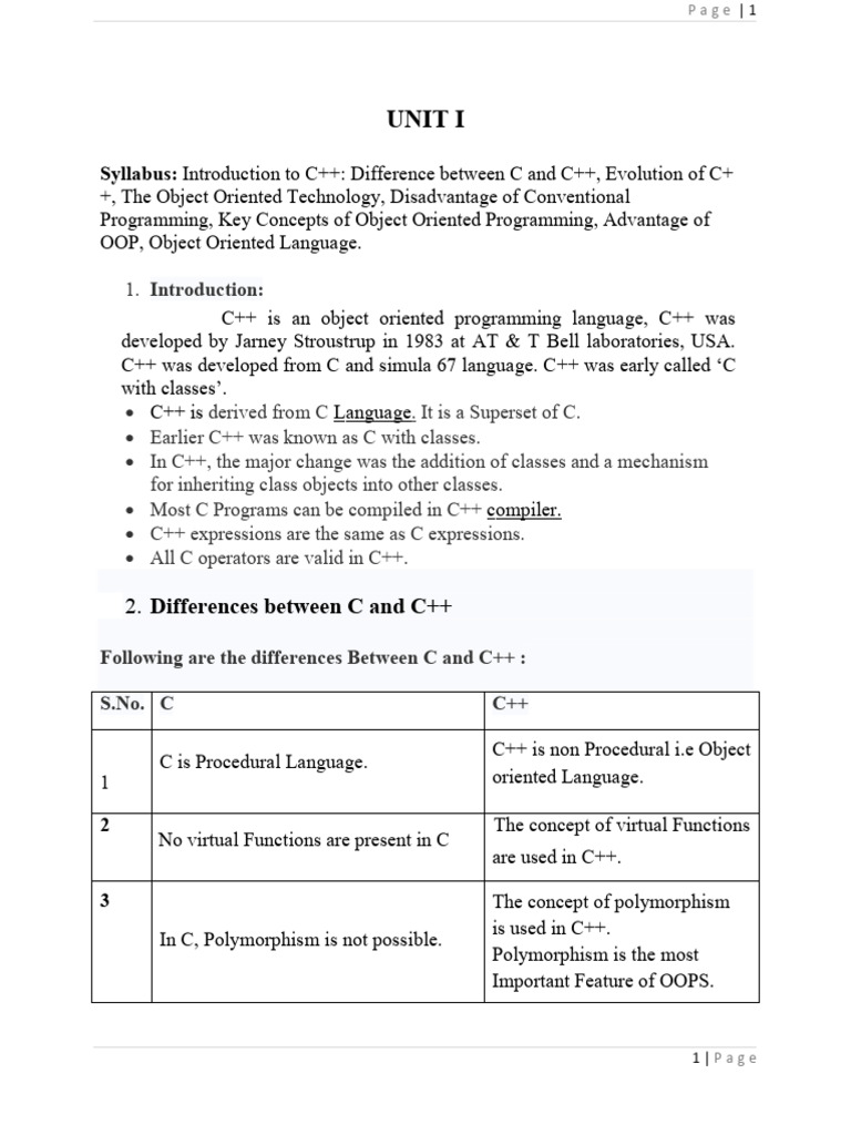 JNTUK 2-1 OOPT C++ - UNIT-1 Modified | PDF | C++ | Object Oriented Programming