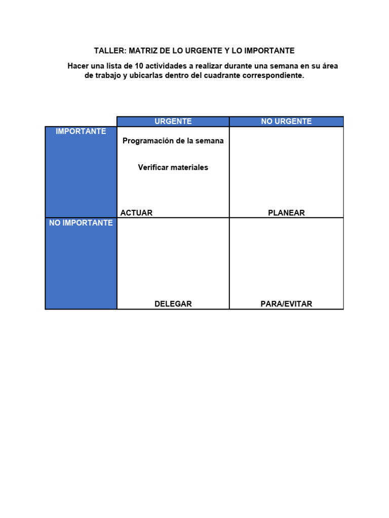 Sesion 1 Taller 2 Matriz de Lo Importante y Lo Urgente | PDF