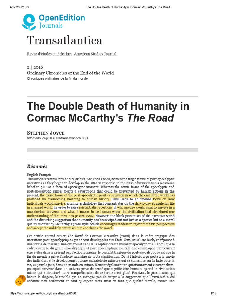 The Double Death of Humanity in Cormac McCarthy’s The Road | PDF ...