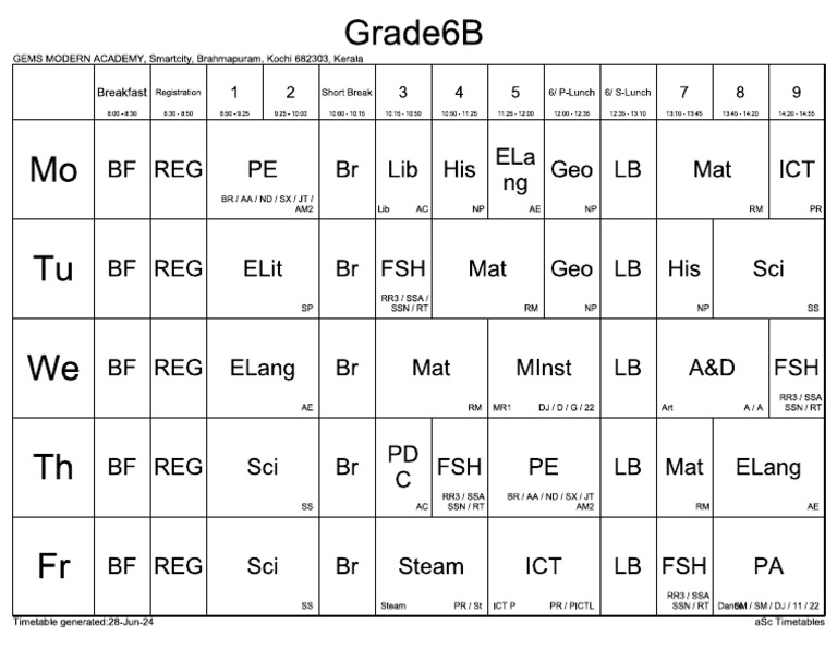 Revised Sec Class Timetable-6B | PDF