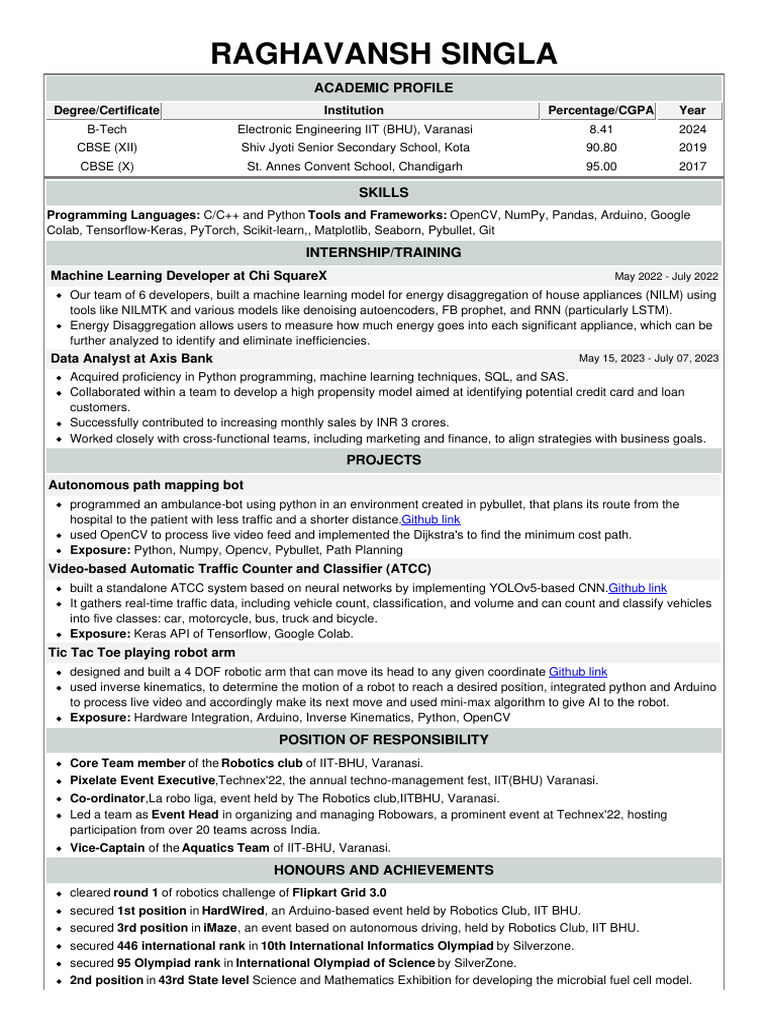Raghavansh Singla DATA SCIENCE RESUME | PDF | Robotics | Computing