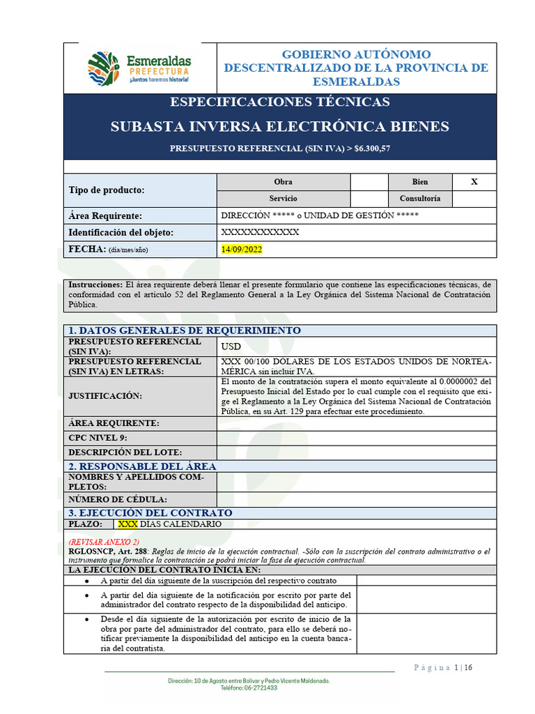 Formato_Subasta Inversa bienes_Especificaciones técnicas | PDF ...