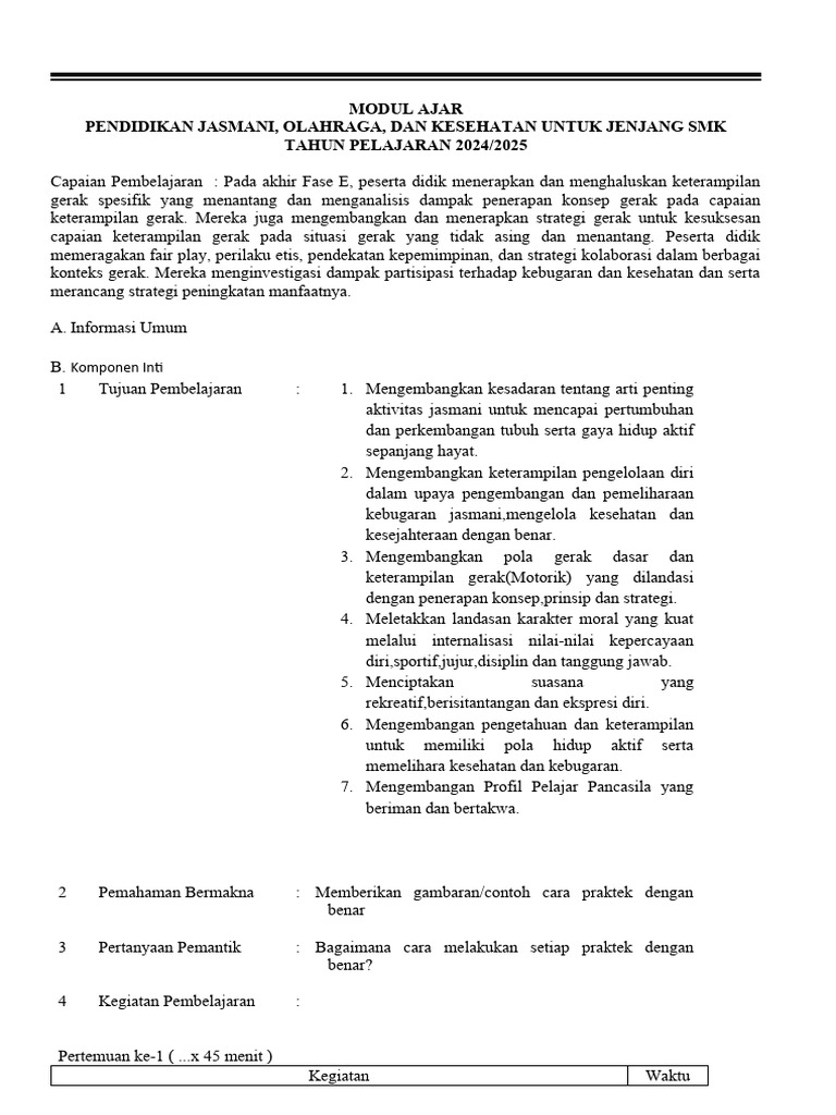 Modul Ajar Penjas Fase e | PDF | Karier & Perkembangan | Pengembangan Diri