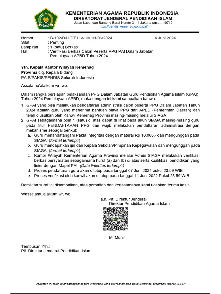 Surat Edaran Verval Calon Peserta PPG PAI 2024 | PDF