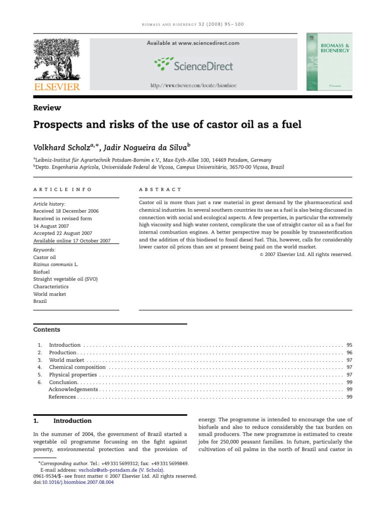 Prospects and Risks of The Use of Castor Oil As A Fuel | PDF ...