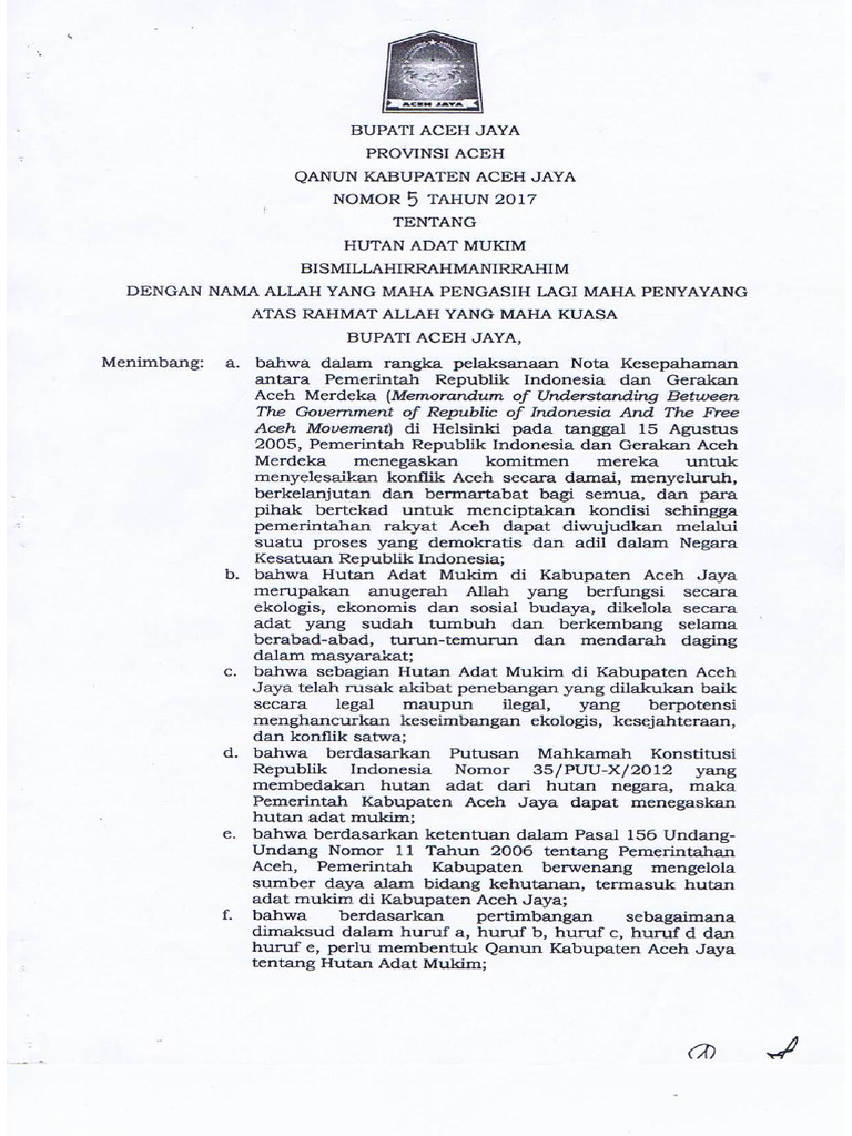 Qanun Aceh Jaya No 5 THN 2017 Tentang Hutan Adat Mukim | PDF