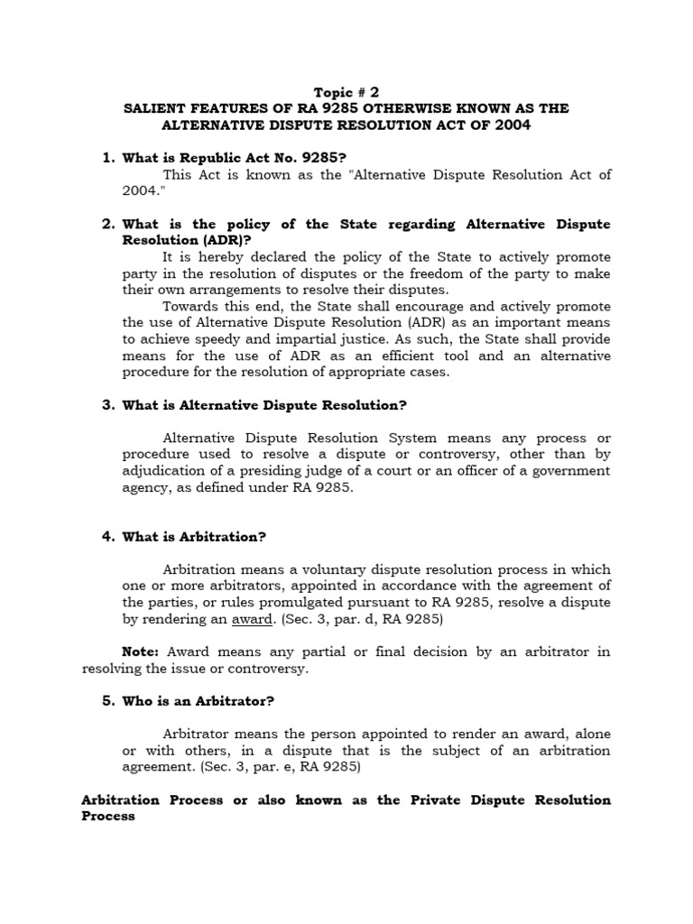 Key Features of RA 9285: ADR Act | PDF | Mediation | Alternative ...