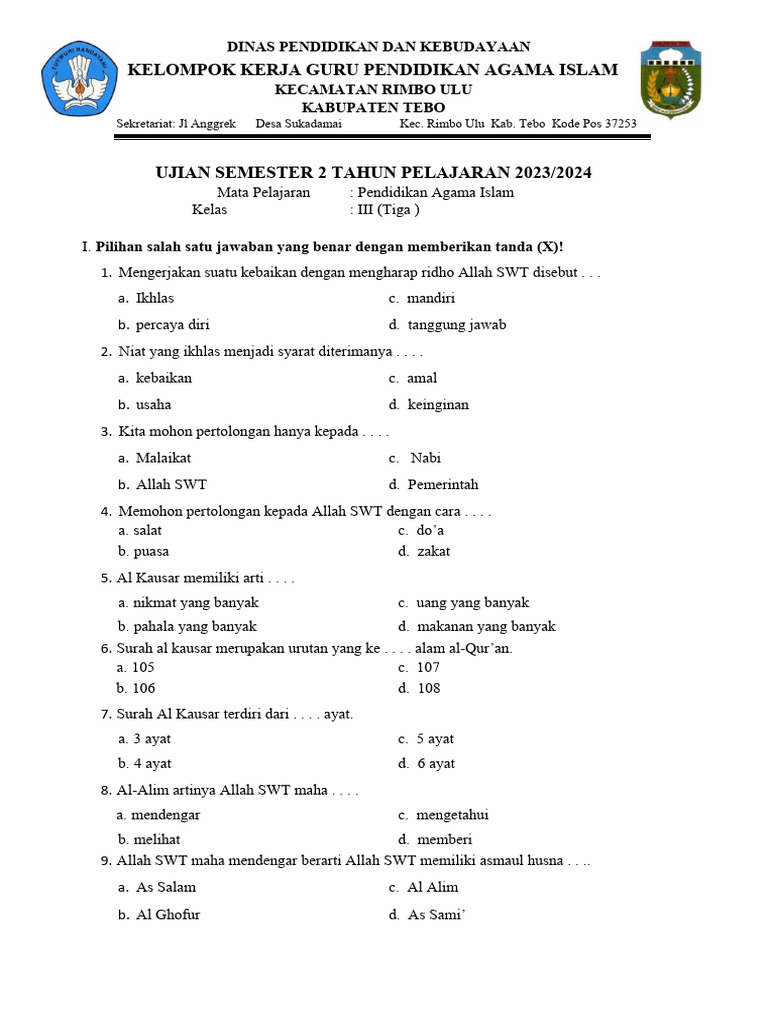 Soal PAI Kls 3 2024 | PDF