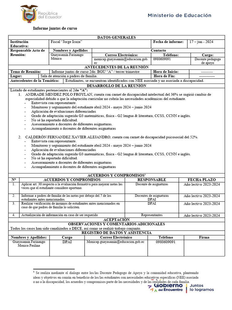 Informe juntas de curso JI 2do BGU A | PDF