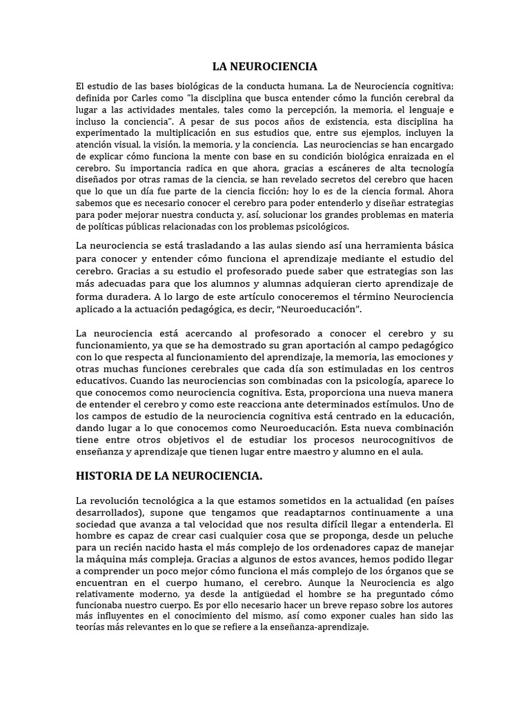 La Neurociencia | PDF | Neurociencia | Aprendizaje