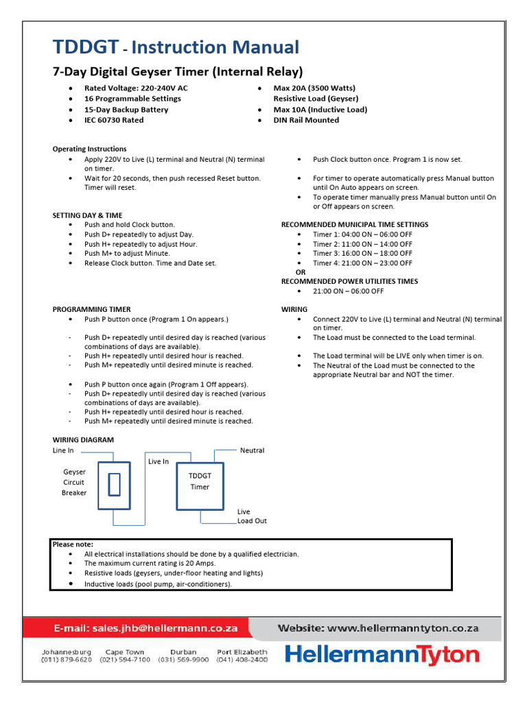 Top Tronic Hellerman Tylon TDDGT Digital Programmable Geyser Timer | PDF | Timer | Electrical Wiring