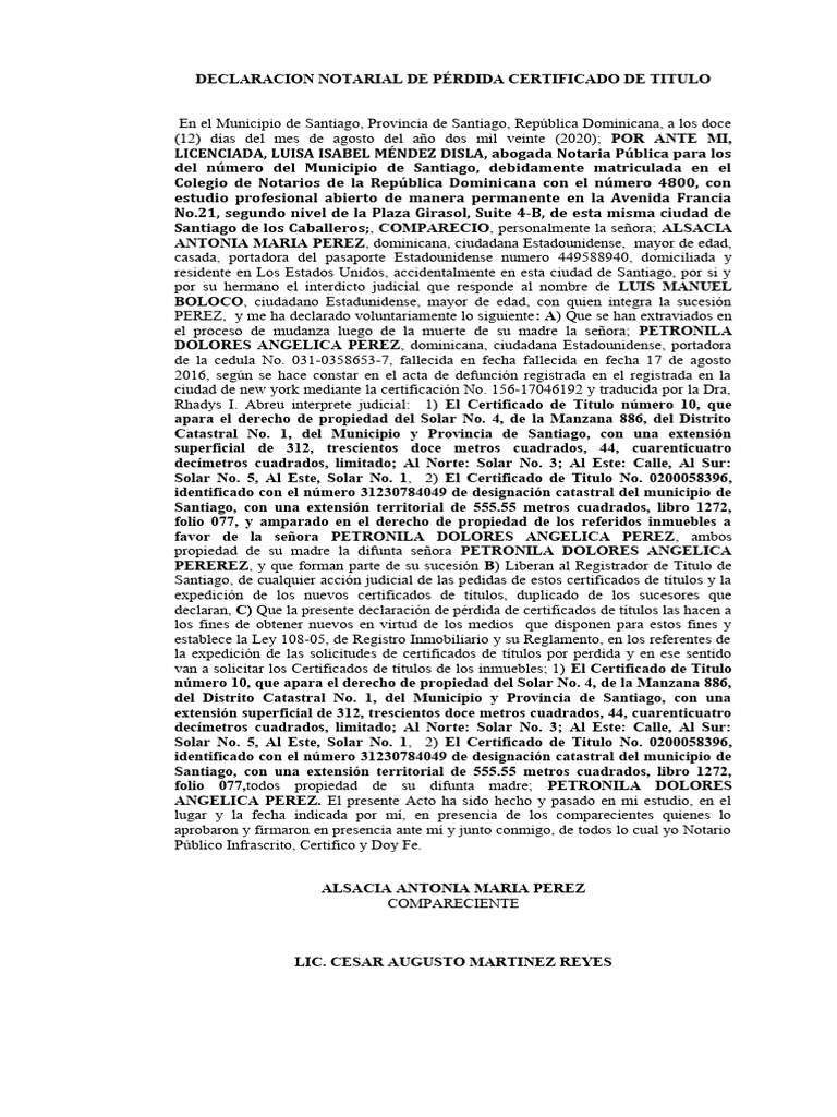 Declaracion Notarial de Pérdida Certificado de Titulo Alsalcia | PDF | Política | Derecho