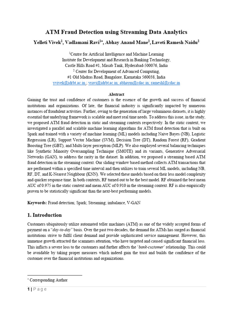 ATM Fraud Detection Using Streaming Data Analytics | PDF | Support Vector Machine | Apache Spark
