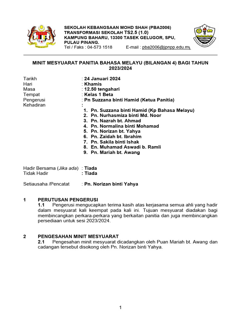 Minit Mesyuarat Panitia BM Kali 4 2023-2024 | PDF