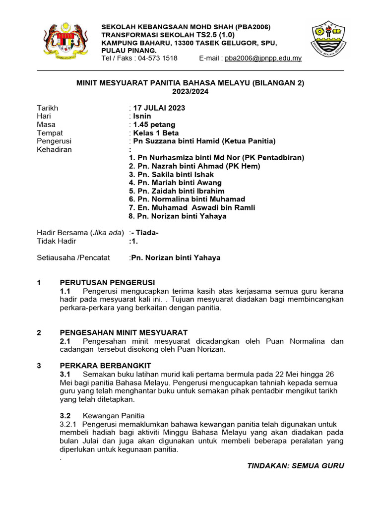 Minit Mesyuarat Panitia BM Kali Ke - 2 2023-2024 | PDF