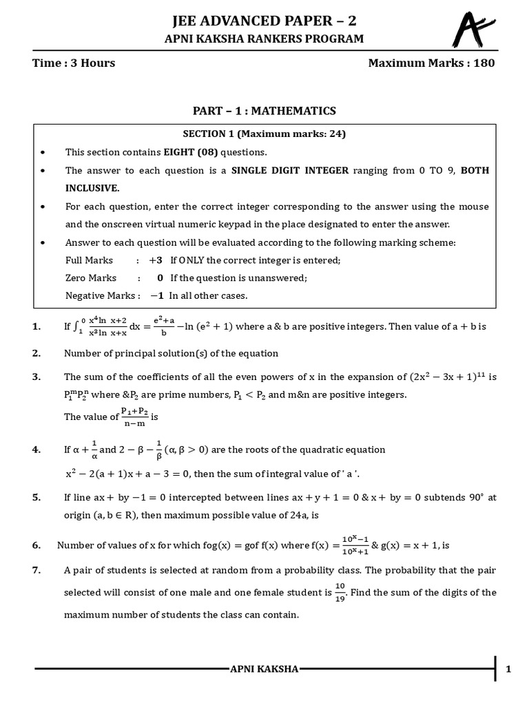 Answer Key & Solution Explanation, JEE Advanced Test Series, Paper-2 ...