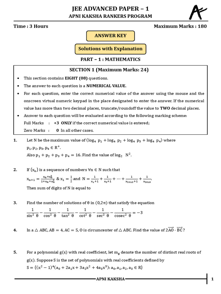 Answer Key & Solution Explanation, JEE Advanced Test Series, Paper-1 ...