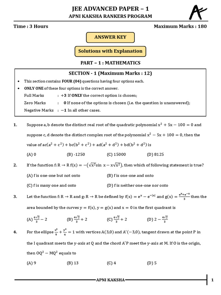 Answer Key Solution Explanation Jee Advanced Test Series Paper 1