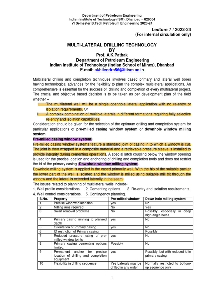 Lecture 7 Multilateral Drilling | PDF | Casing (Borehole) | Drilling
