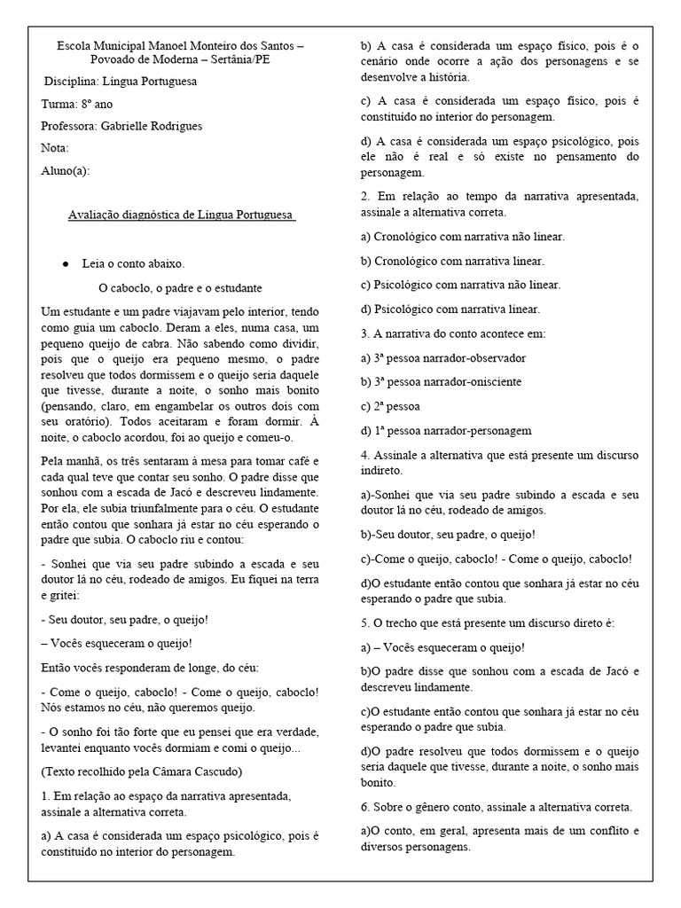 Prova 8° Ano - Português | PDF | Objeto (gramática) | Narrativa