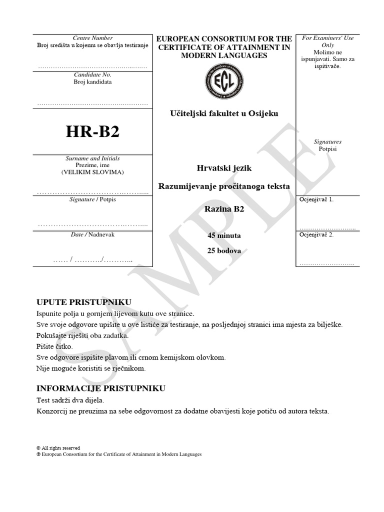 Ispit - Hrvatski Za Strance Razina B2 | PDF