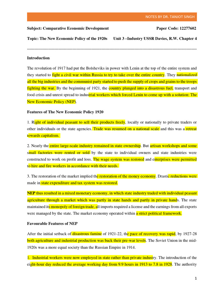 CED Notes Unit III USSR Chapter 4 The New Economic Policy of 1920s ...