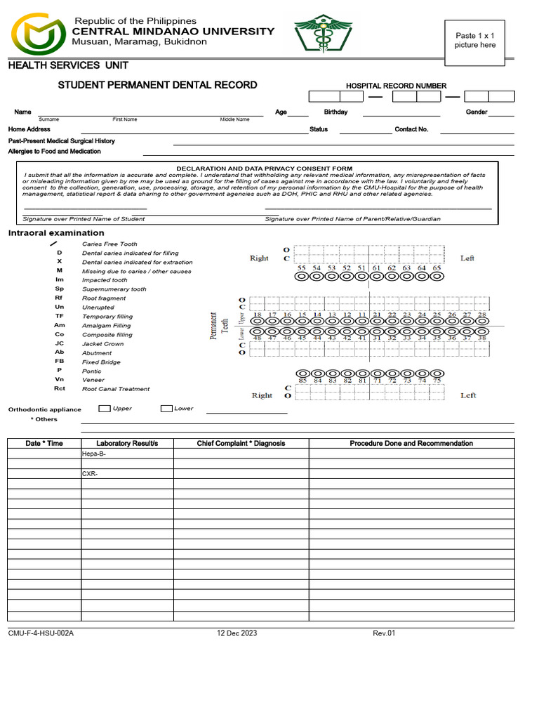 Student Dental Health Record Form | PDF | Medical Specialties | Dentistry