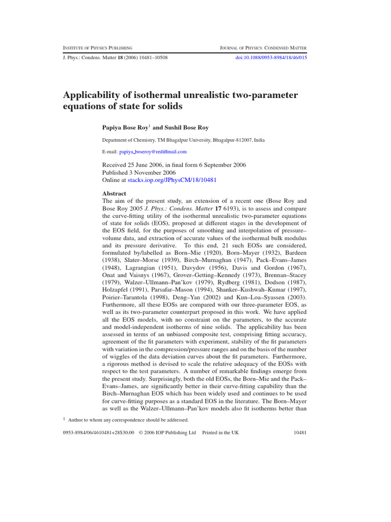 Bose-Roy Applicability of EOS For Solids | PDF | Continuum Mechanics ...