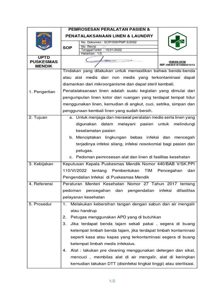 SOP PEMROSESAN PERALATAN PASIEN - PENATALAKSANAAN LINEN - LAUNDRY Fix | PDF