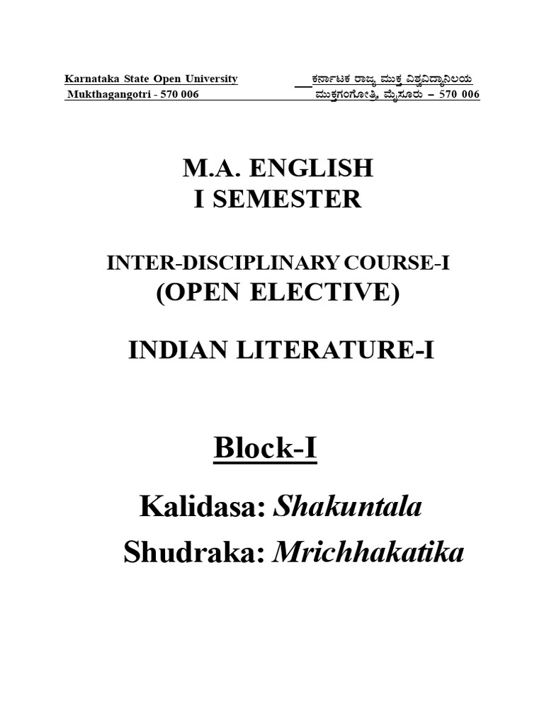 Block-I Kalidasa: Shakuntala Shudraka: Mrichhakatika: M.A. English I ...