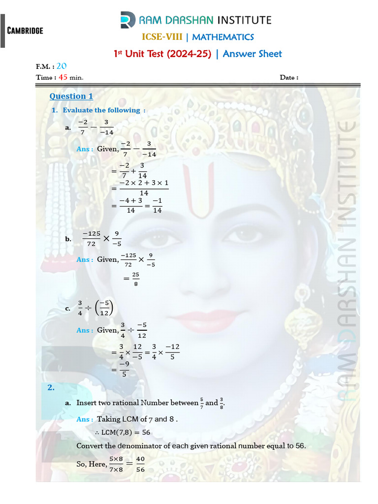 ICSE-8 - Cambridge - Math - 1st Unit Test - 2024-25 (Answer Sheet) - 1 ...