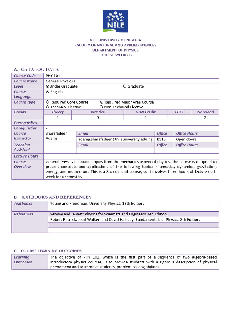 PHY 101 Course Syllabus | PDF | Force | Newton's Laws Of Motion