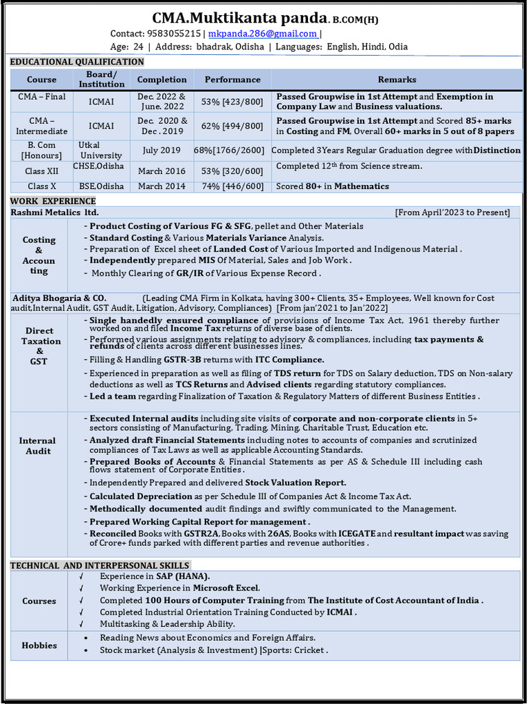 CV - Muktikanta Panda - Cma . | PDF | Taxes | Tax Deduction