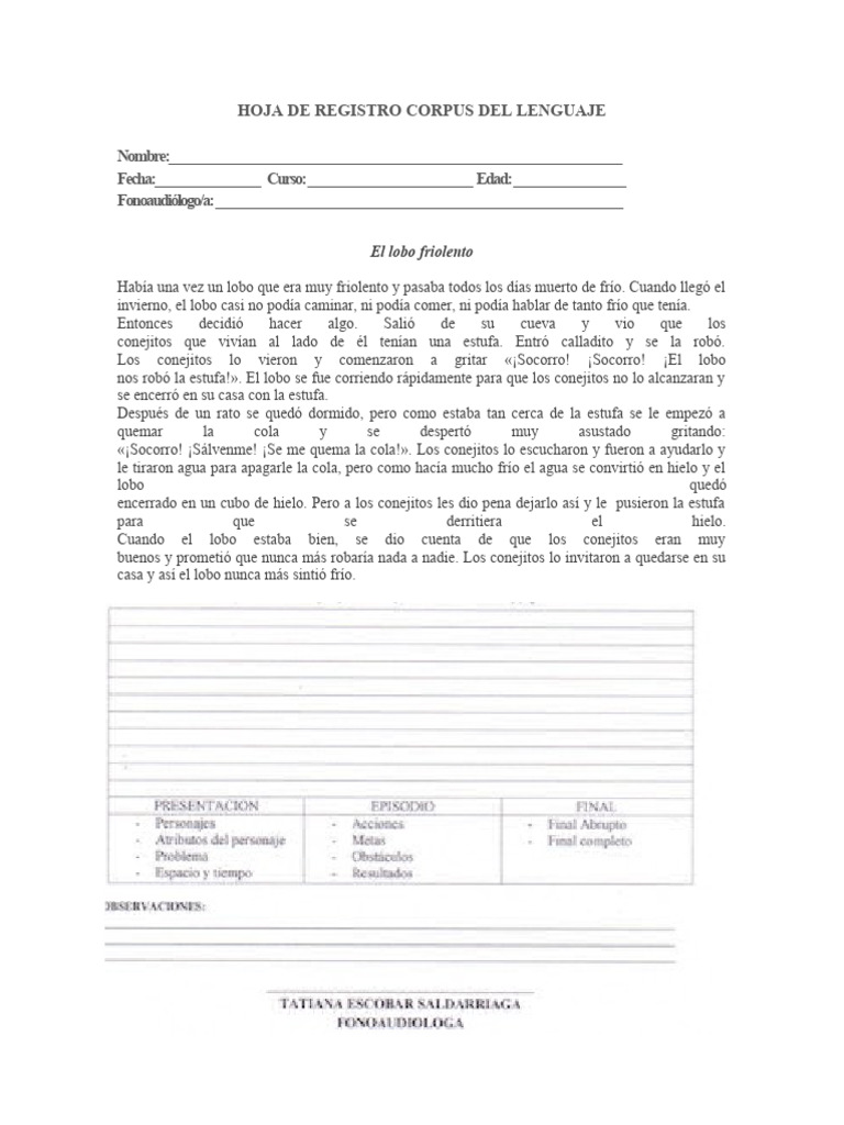 HOJA DE REGISTRO CORPUS DEL LENGUAJE El Lobo Friolento | PDF | Estudios ...