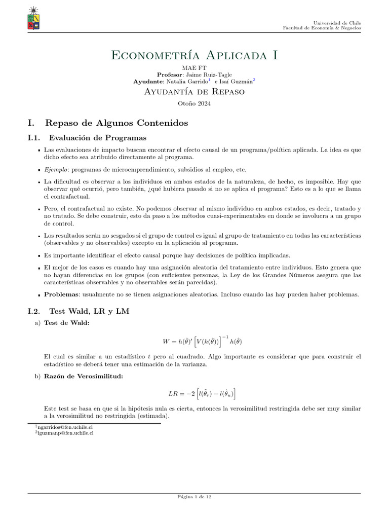 Ayudantía de Repaso Econometría Aplicada I MAE 2024 | PDF | Estimador | Distribución normal