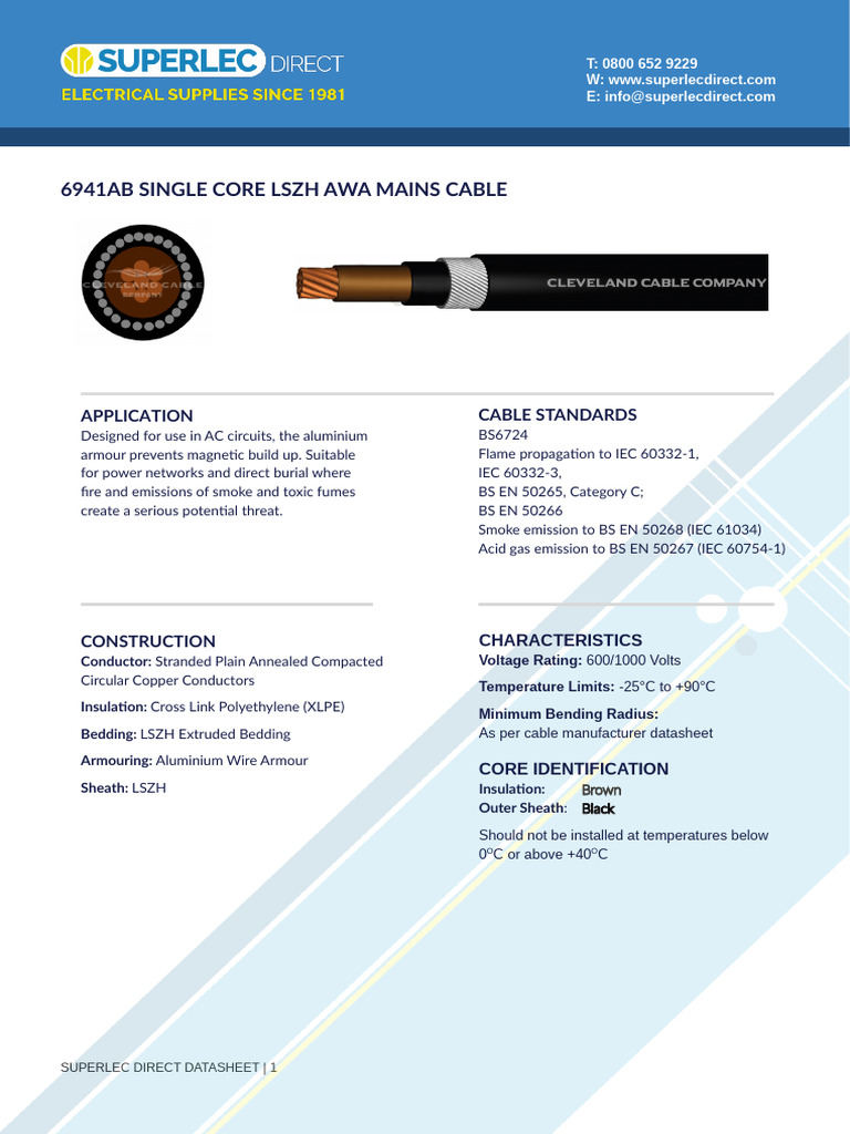 6941ab Single Core Armoured Mains Cable LSZH Awa | PDF | Electrical ...