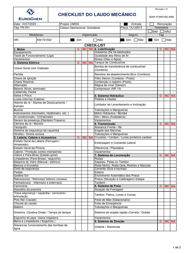 01 - Checklist Do Laudo Mecânico | PDF | Freio | Motores