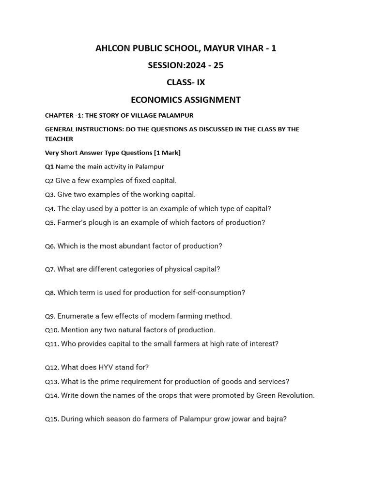 Class-Ix Eco. CH-1 Assignment 23-24 | PDF | Farms | Economies