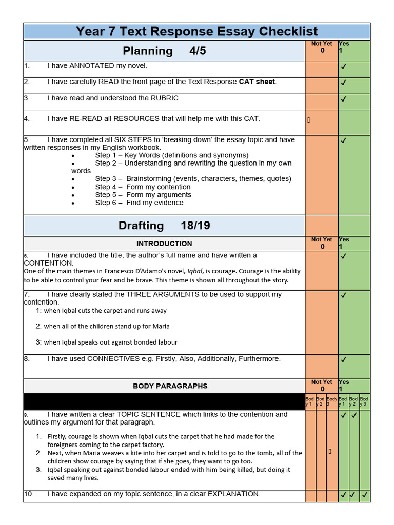 Year 7 Text Response Essay Checklist | PDF | Essays | Paragraph
