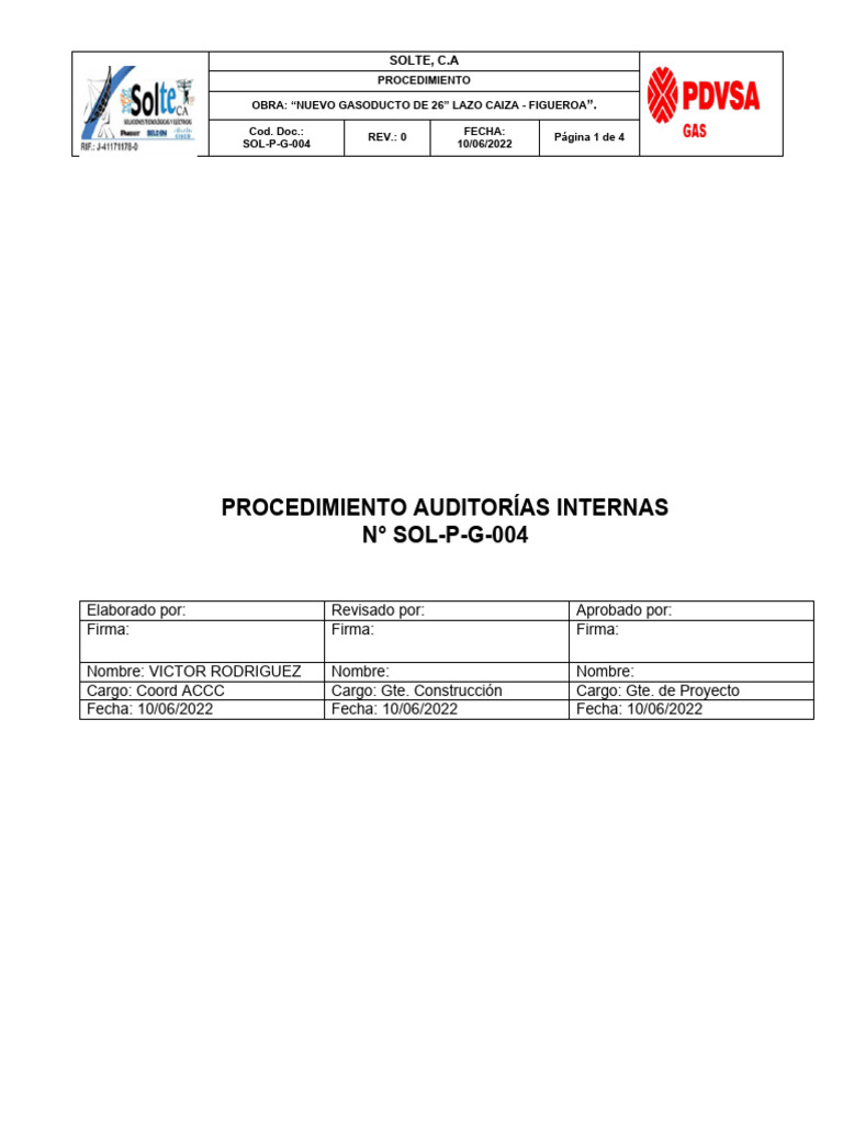 Sol-P-G-004 Auditorias Internas | PDF | Auditoría | Contralor