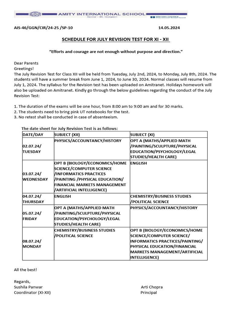 10 - XI-XII - Revision Test Schedule | PDF | Science 10 - XI-XII - Revision Test Schedule | PDF | Science