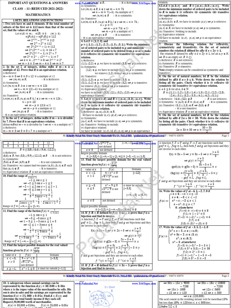 11th Maths EM Important Questions English Medium PDF Download | PDF | Mathematics | Mathematical ...
