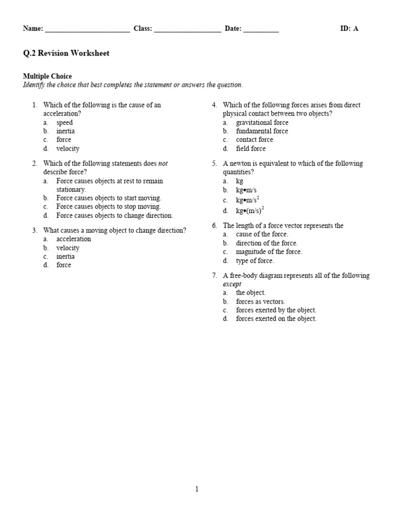 Q.2 Revision Worksheet-1 | PDF | Force | Mass