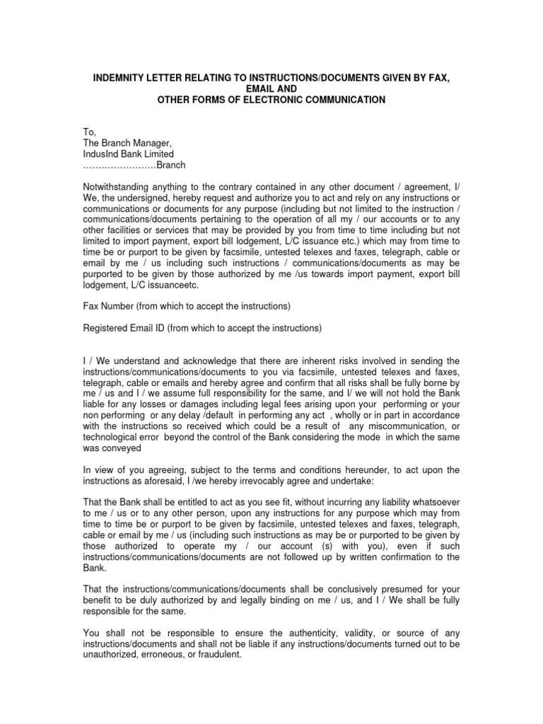 Fax Email Indemnity Form | PDF | Indemnity | Civil Law (Legal System)